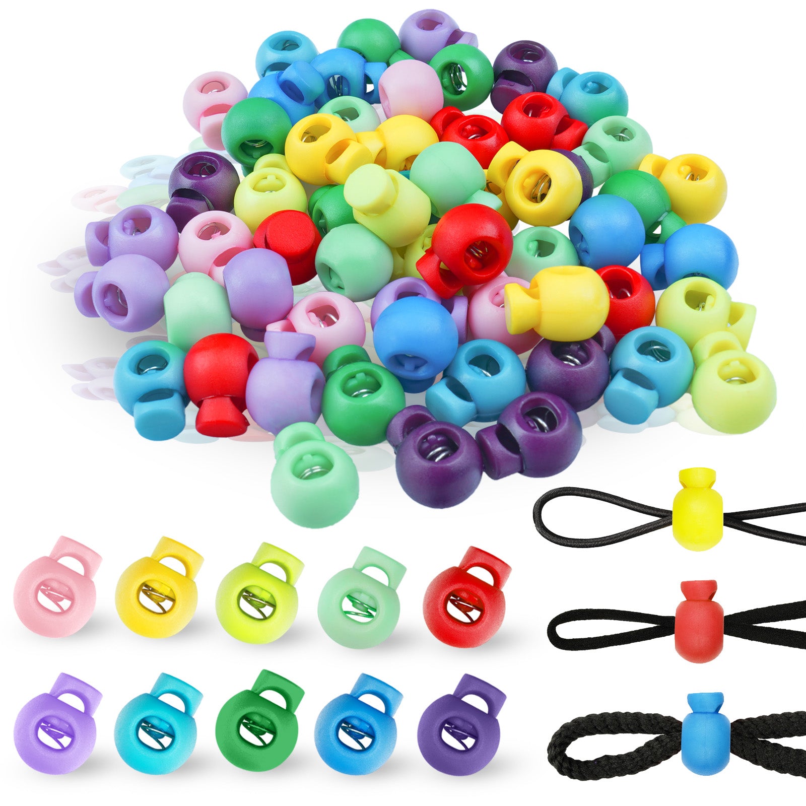 100PCS 10 Assorted Colors Spring-Loaded Plastic Round Bubble Cord Lock ...